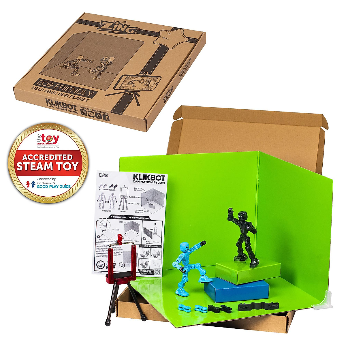Zing Klikbot Zanimation Studio - Includes 2 Klikbots, Phone Stand/Holder and 2 Sided Backdrop Screen, for Ages 6 and Up