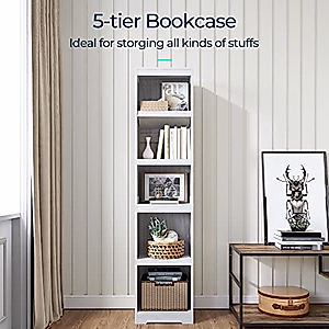 LINSY HOME 5-Shelf Bookcase, Narrow Bookshelves Floor Standing Display Storage Shelves 68 in Tall Bookcase Home Decor Furniture for Home Office, Living Room, Bed Room - White Oak