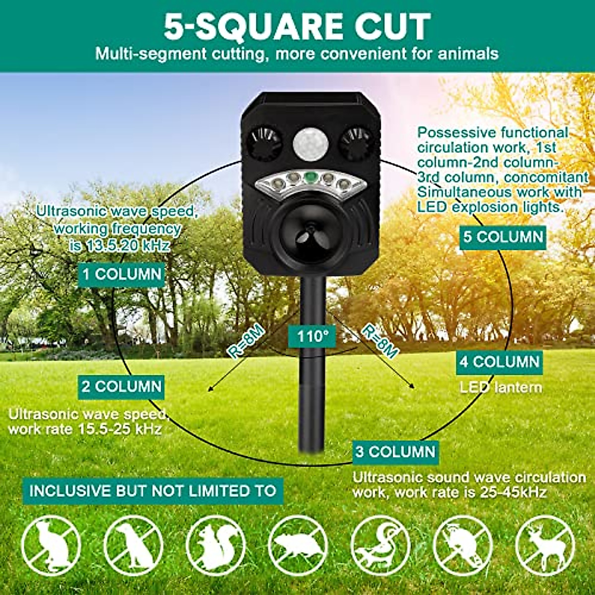 Ultrasonic Animal Repellent Solar Animal Repeller Ultrasonic Dog Repeller Deer Deterrent Deer Repellent Device Repels Cat Deer Raccoon Dog Rabbit Skunk Squirrel for Outdoor Yard, Black, Green (2 Pcs)
