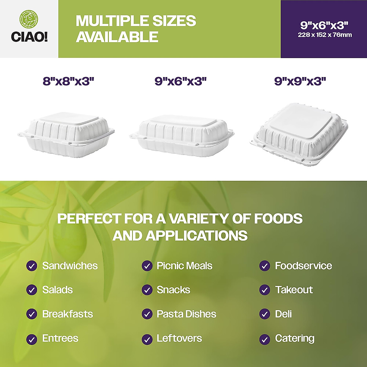 CIAO! 9"x6"x3" MFPP White Hinged Container With Lid 1 Compartment (Case of 200)