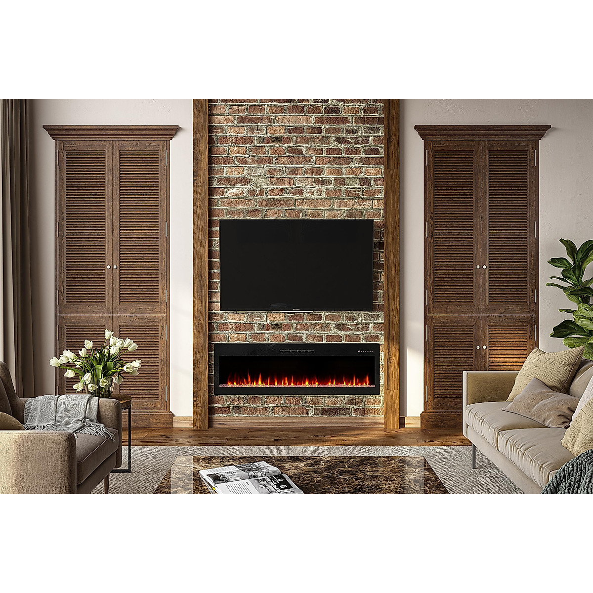 Bridgevine Home 60 inch Recessed and Wall Mounted Electric Fireplace - Modern Touch Screen Fireplace Insert with Adjustable Flame Color and Speed. Includes a Remote Control with Timer.