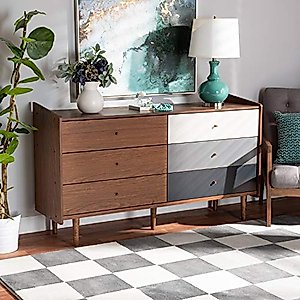 Baxton Studio Halden Mid-Century Modern Multicolor Walnut Brown and Grey Gradient Finished Wood 6-Drawer Dresser