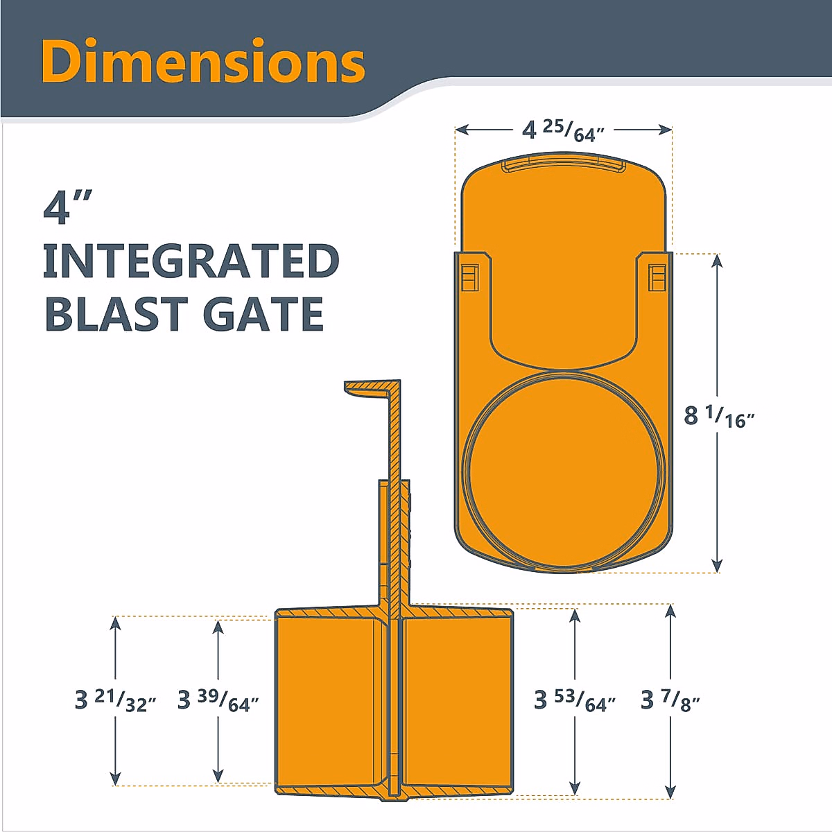 POWERTEC 70295-P2 4-Inch Integrated Blast Gate Clog Resistant, Anti Gap Tapered ABS Plastic Fitting for Dust Collection Systems, 2PK