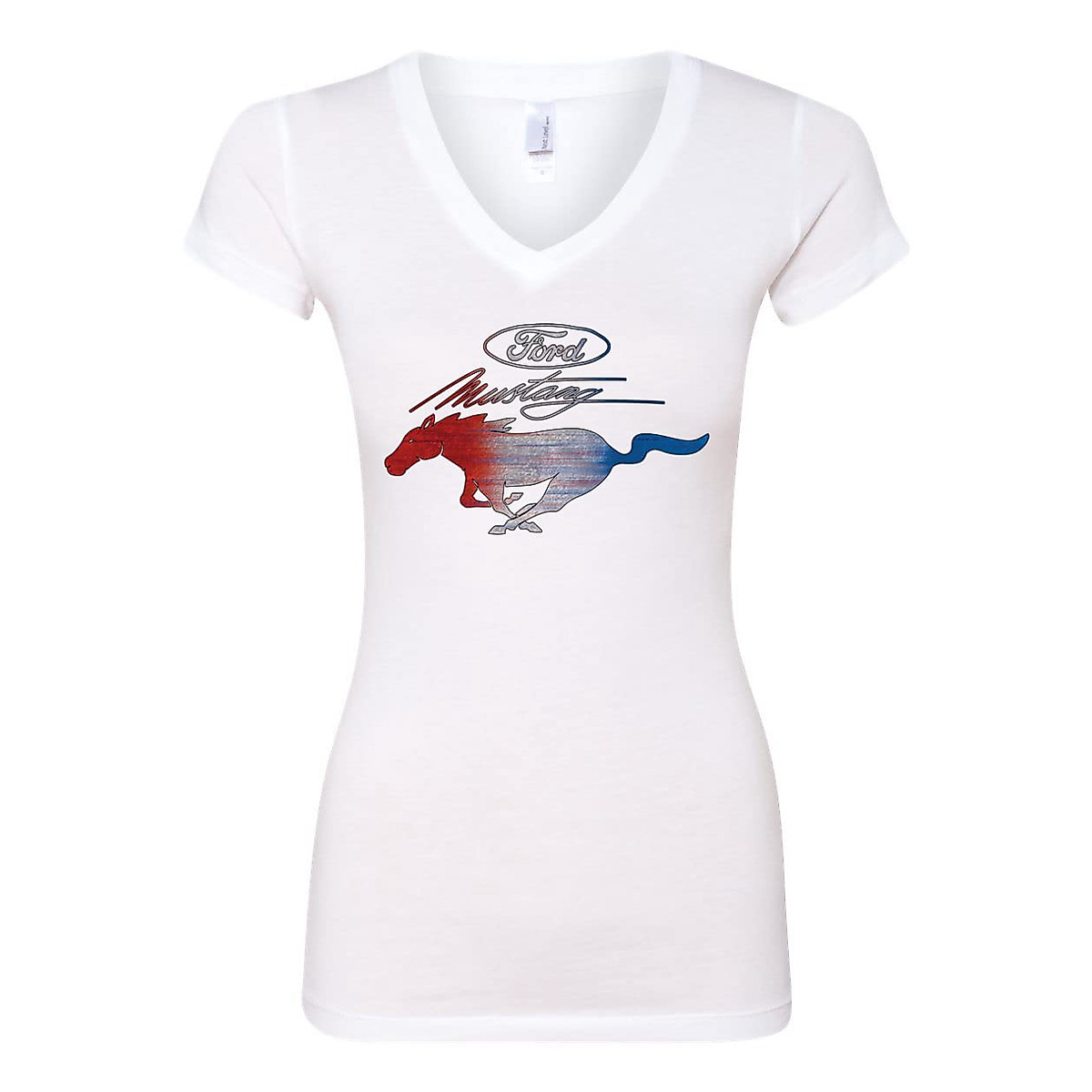 Ford Mustang Shirt USA Flag Mustang Emblem Cars and Trucks Womens Junior Fit V-Neck Tee, White, XX-Large