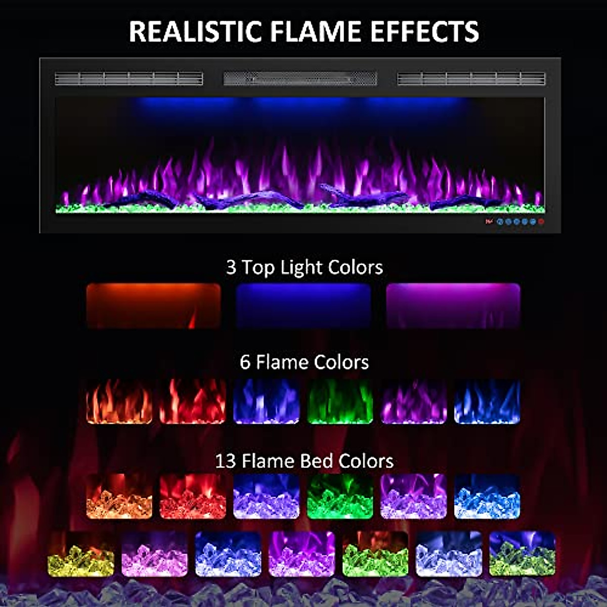 Mystflame 72 Inch WiFi-Enabled Electric Fireplace Inserts & Wall Mounted, Slim Electric Fireplace Heater, 750/1500w, Adjustable Flame Color, Remote Control & Touch Screen, Logs & Crystals, Black