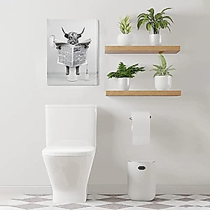 Funny Highland Cow Wall Art in Bathtub, Black and White Canvas Cow In Bathroom Picture, Humor Animals Bathroom Artwork Prints Rustic Farmhouse Style Wall Decor Ready To Hang for Living Room, Bathroom, Bedroom, Kids Bathroom Decor (12"x16", Framed)