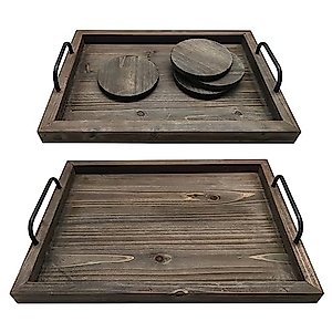 Juleduo Rustic Wooden Serving Trays with Handle-Set of 2-Decorative Nesting Food Board Platters 4 Coasters，for Breakfast Kitchen Ottoman Coffee Table