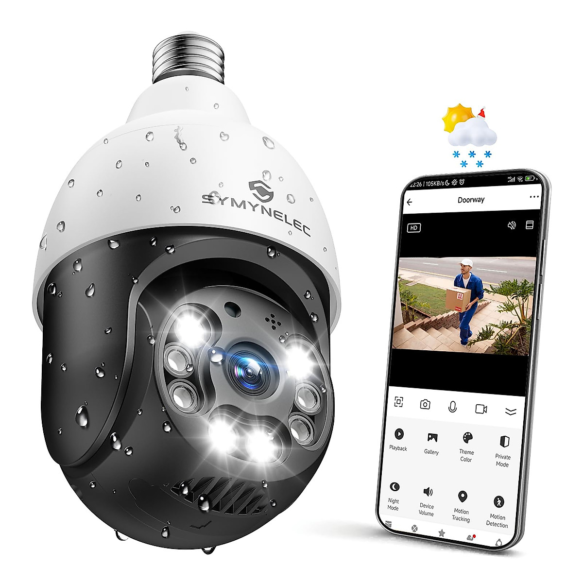 SYMYNELEC Light Bulb Security Camera Outdoor Waterproof 2.5K, 2.4GHz Wireless WiFi Light Socket Cam with AI Human Motion Detection Tracking 4MP Color Night Vision Siren Alarm Works with Alexa Google