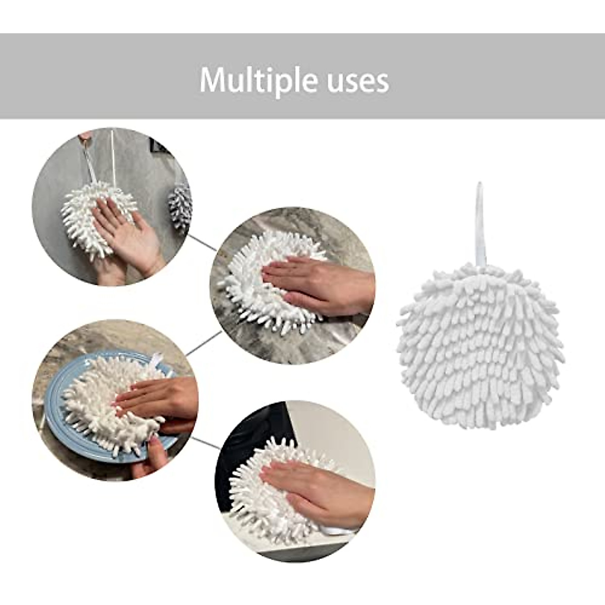 iMaylex 3 Pack Chenille Fuzzy Ball Hand Towels, Quick Dry and High Absorbent Microfiber Hand Towels with Hanging Loops for Kitchen Bathroom, 7" x 7", White & Blue & Grey