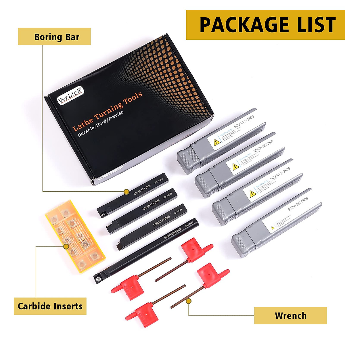 VerLich Metal Lathe Tools Boring Bar, Turning Tools Holder Set with 10pcs CCMT09T304 Carbide Inserts 4Pcs Wrenches (S12M SCLCR09/SCLCR1212H09/SCLCL1212H09/SCMCN1212H09)