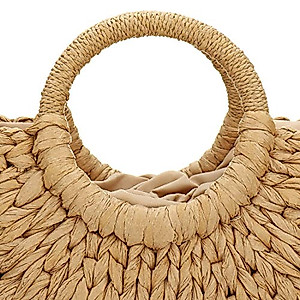 Hand-woven Straw Large Hobo Bag for Women Round Handle Ring Toto Retro Summer Beach (Brown 2)