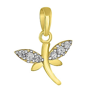 Solid 14K Yellow Gold Dainty Dragonfly Charm Spiritual Animal Pendant with Cubic Zirconia Gemstones