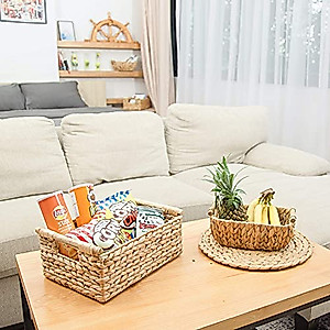 Natural Water Hyacinth Storage Basket with Handle, Rectangular Wicker Basket for Organizing, Decorative Wicker Storage Basket for Living Room, Medium Wicker Basket