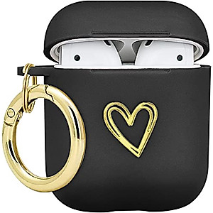 Wonjury AirPods Case Soft TPU Gold Heart Pattern Cute with Keychain Shockproof Cover Case for Girls Woman Apple Airpods 2 &1 - Black