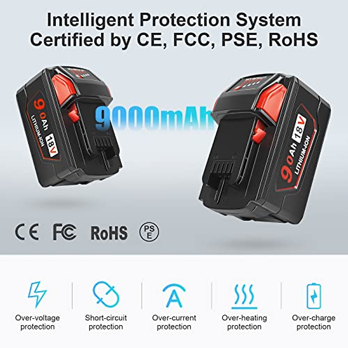 YongerTool 18V 9.0 Ah M-18 Replacement Battery for Milwaukee,9000 mAh High Output Battery Compatible with Milwaukee Red Lithium Battery 48-11-1850 48-11-1880 48-11-1862 with Battery Holder,2 Pack