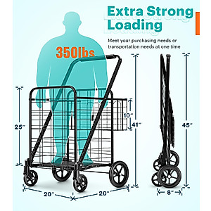 Shopping Cart, 350 lbs Black Super Capacity Grocery Cart on Wheels Jumbo Double Basket Folding Shopping Cart with 360° Rolling Swivel Wheels Utility Shopping Carts for Groceries Luggage Laundry