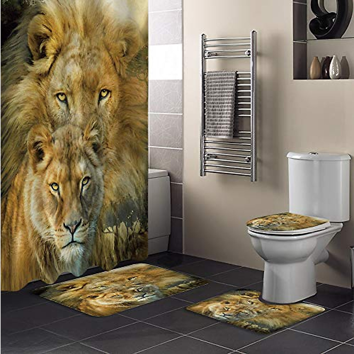 BULING 4Pcs Shower Curtain Set with Rugs,Mighty Lion Father and Son Shower Curtain with 9 Hooks, Bath Mat, Toilet Lid Rug and Non-Slip U Shape Mat Accessories