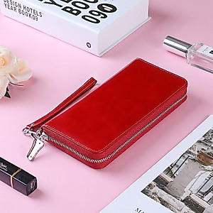 Lavemi Women's RFID Blocking 100% Leather Large Capacity Zip Around Wallet Phone Holder Clutch Travel Purse Wristlet(Large Size Red)