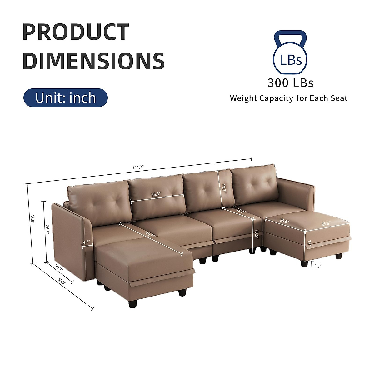 LLappuil Modular Sectional Sofa, Convertible U Shaped Couch with Storage, Faux Leather Fabric Waterproof Sectional Couch for Living Room, 111.8" Width, 6 Seat Modular Sofa, Cognac Brown