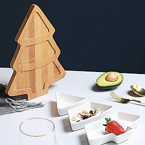 White Christmas Tree Plates Chip & Dip Set, 11 Inches Christmas Ceramic Snack Plate with Bamboo Tray, Removable Porcelain Tree Appetizer Dessert Fruit Salad Saucers Bowl, Cutlery Platter Serving Dish