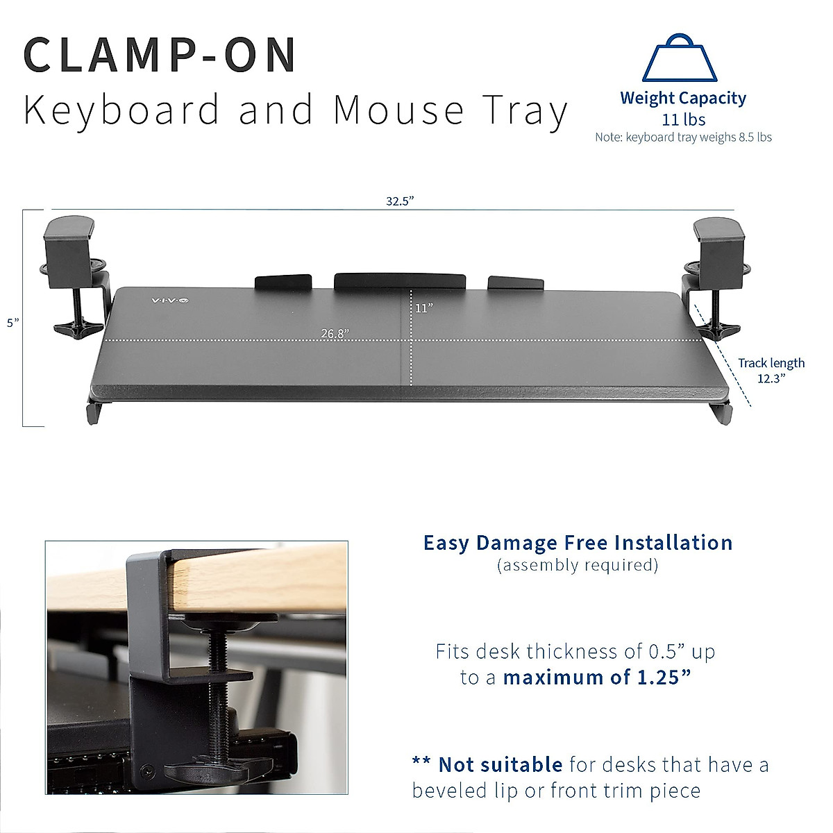 VIVO Dual 13 to 27 inch LCD Monitor Mount and Under Desk C-clamp 27 x 11 Keyboard Tray Kit, Heavy Duty, Fully Adjustable Stand and Slide-Out Platform (Bundle)