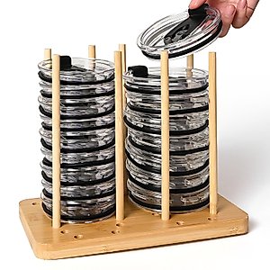 XIXUN Bamboo Tumbler Lid Organizer for Cabinet Extra Thick Base Holds Up to 20 Cups Lid Organizer Compatible with Bamboo Water Bottle Lid Holder Coffee Cup Lid Stacker Easy to Assemble