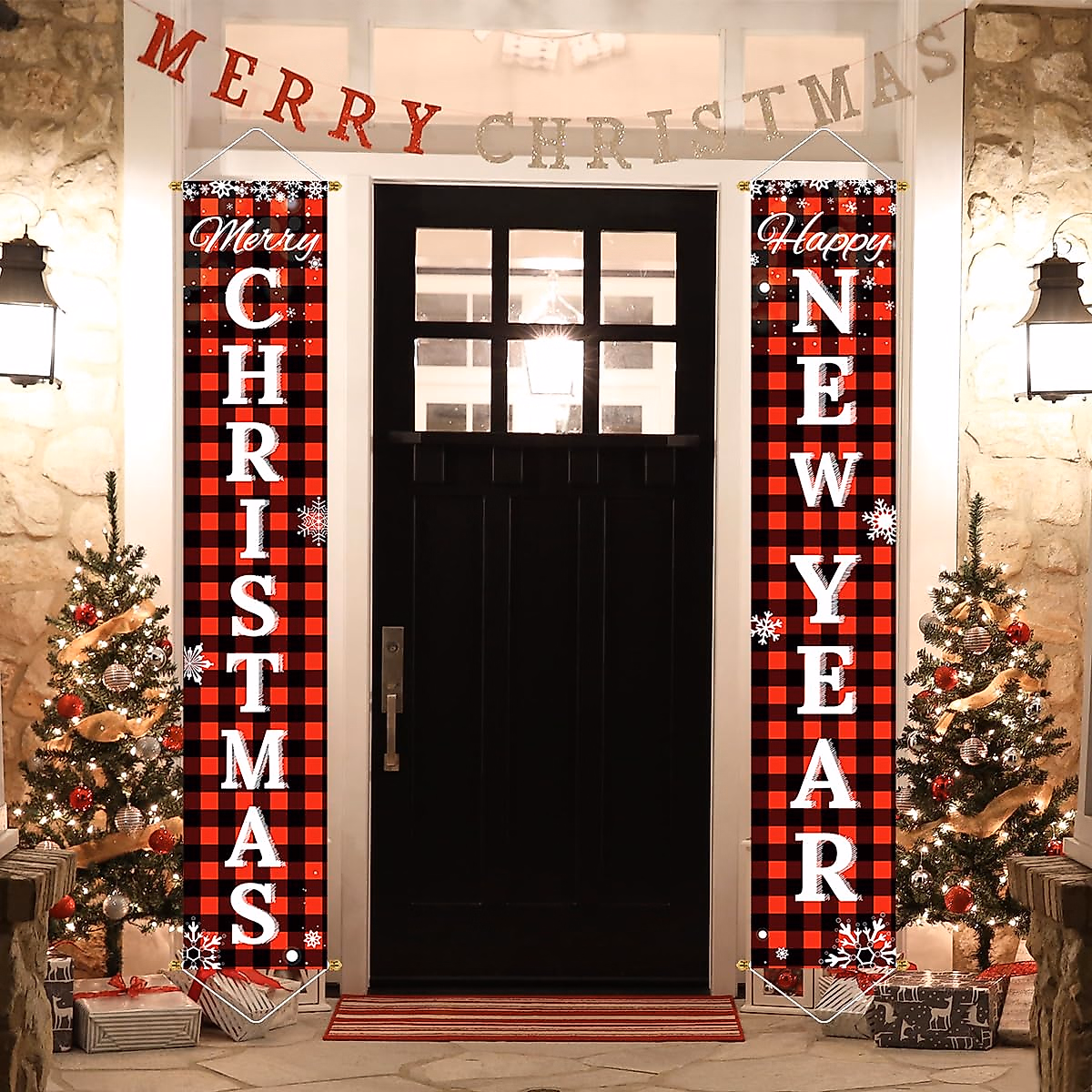 Ivenf Merry Christmas & Happy New Year Decorations, Red Black Buffalo Plaid Banner, 2 Pcs Front Porch Sign Set, Indoor Outdoor Yard Wall Home Decor