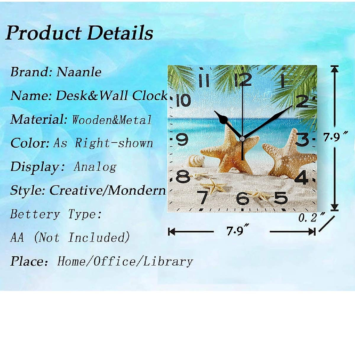 Naanle 3D Fresh Tropical Seashells Starfish on Summer Beach Silent Square Wall Clock Decorative, 8 Inch Battery Operated Quartz Analog Quiet Desk Clock for Home,Office,School