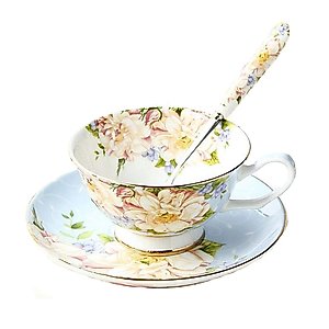 Gift Set Vintage Fine Bone China Tea Cup Spoon and Saucer Set Gold Trim Fine Dining and Table Décor (Blue Rose)
