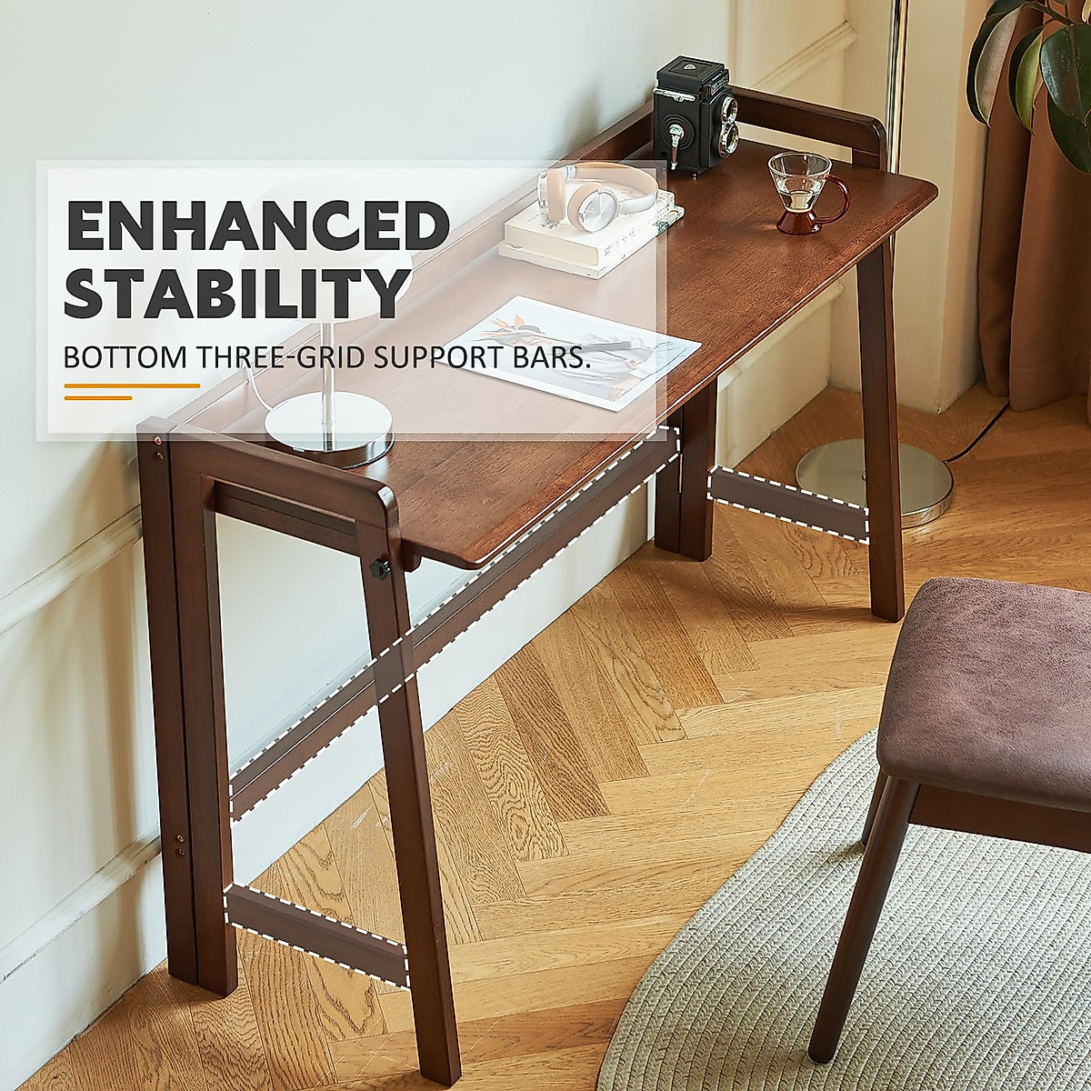 Solid Wood Folding Desk Mid Century Modern Desk, 47'' Foldable Writing Computer Desk for Home Office, Simple Study Makeup Workstation, Wooden Study Office Desk Table for Small Spaces, Walnut Color