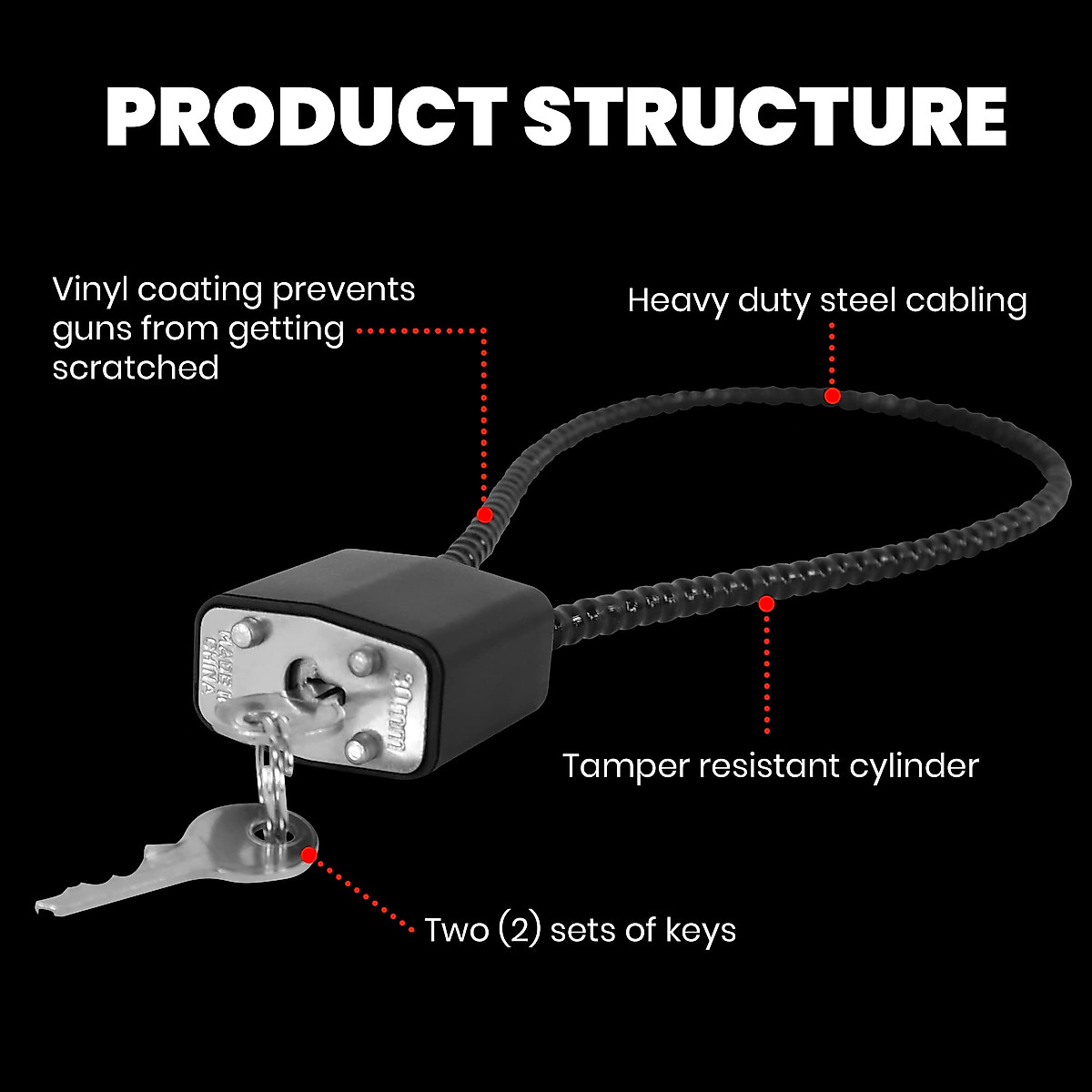 INNOVATEX 15-inch Gun Lock Cable Wire Locks with Keys for Rifles, Shotguns, Handguns, Pistols, and Firearm Safety, Gun Case Lock, DOJ Approved (1-Pack, Black)