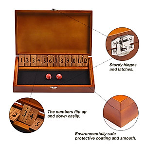 Crobyi Shut The Box Dice Game with 12 Numbers and Lid, Wooden Classic Board Game with 4 Dice, Gift Package & Shut-The-Box Rules, Close The Box Gam for Kids, Adults, Family, Classroom, Home & Pub