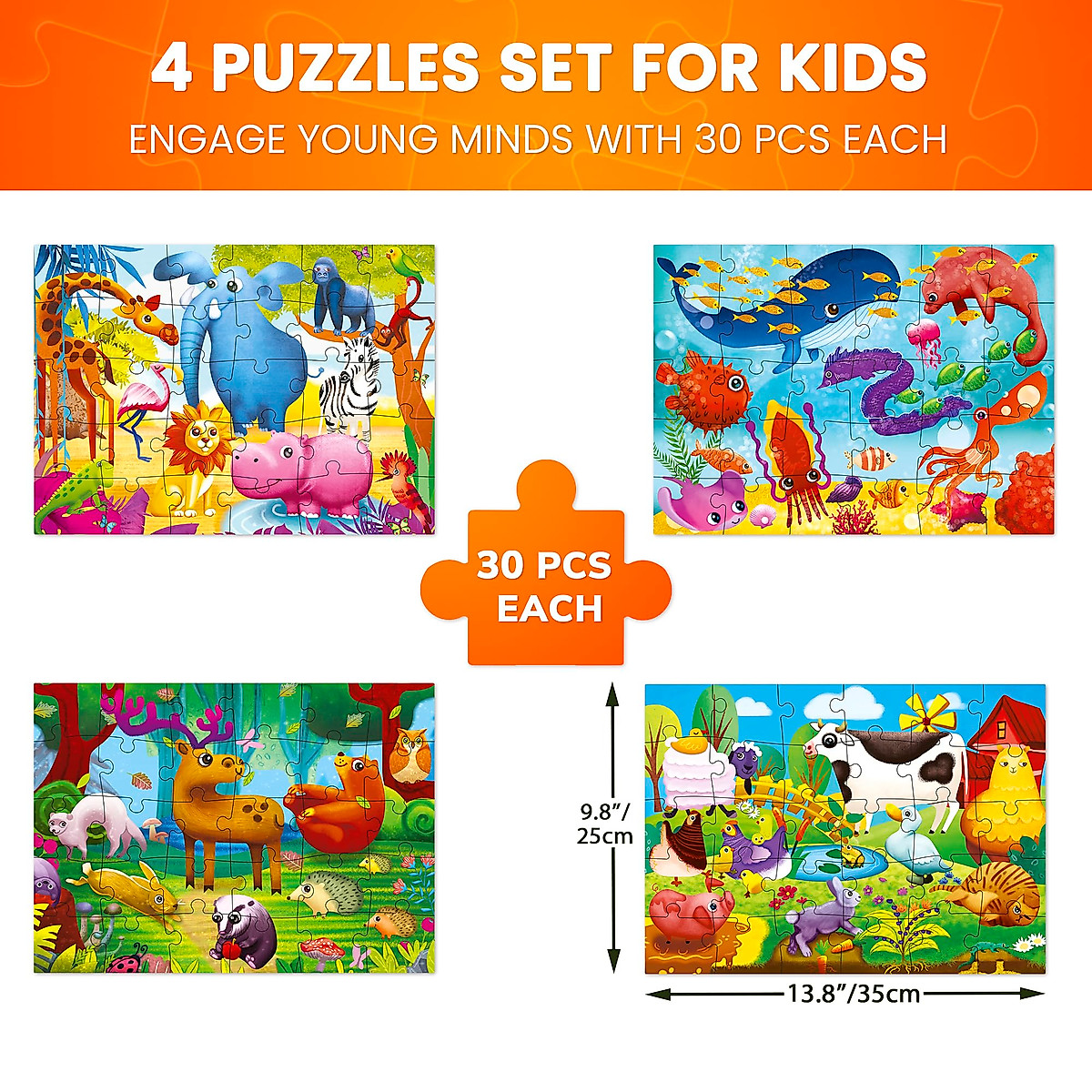 QUOKKA Puzzles for Toddlers 3-5 - 4 x 30 Pieces Puzzles for Kids Ages 2-4 - Animal Learning Jigsaw Puzzles for Kids 4-6 Years Old - Educational Toys for Boy and Girl