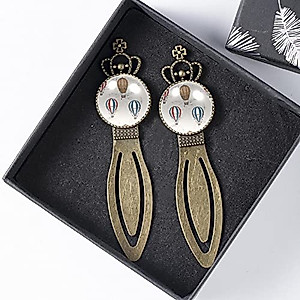 Hot Air Balloon on Vintage World Map Background Vintage Bookmark Gift Box Set for Students Teachers School Library Page Holder with Crystal Glass