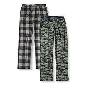 Calvin Klein Boys' Super Soft Pajama Pants, 2-Pack, Cozy Sleepwear for Kids, Green Camo/Black Plaid, Medium