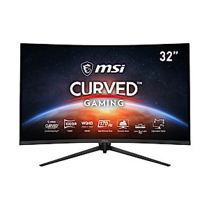 MSI G321CQP E2, 32" Gaming Monitor, 2560 x 1440 (QHD) Curved Gaming Monitor, 1 ms, 170Hz, FreeSync Premium, 1000R, HDMI, DisplayPort, Tilt, Swivel, Pivot and Height Adjustable.