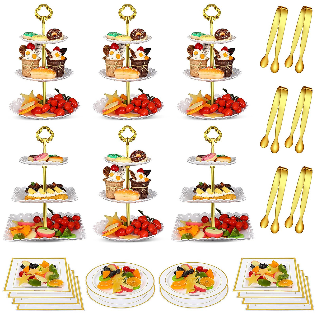 Mifoci 24 Pcs Cake Stand White Plastic Dessert Table Stand Set 6 Pcs 3 Tire Cupcake Display Stands Cookie Tray Rack Serving Tray Cupcake Display Tower 12 Pcs Dessert Trays 6 Tong for Wedding Tea Party
