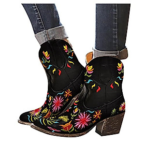 Embroidered Calf Retro Style Pointed Boots Western Toe Mid Cowboy Floral Womens Women's Boots Mens Shoes Boots