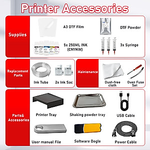 DSV DTF Printer A3 L1800 Transfer Printer Machine Built-in White Ink Circulation System for DIY Print Dark and Light Fabrics (DTF Printer +Oven)