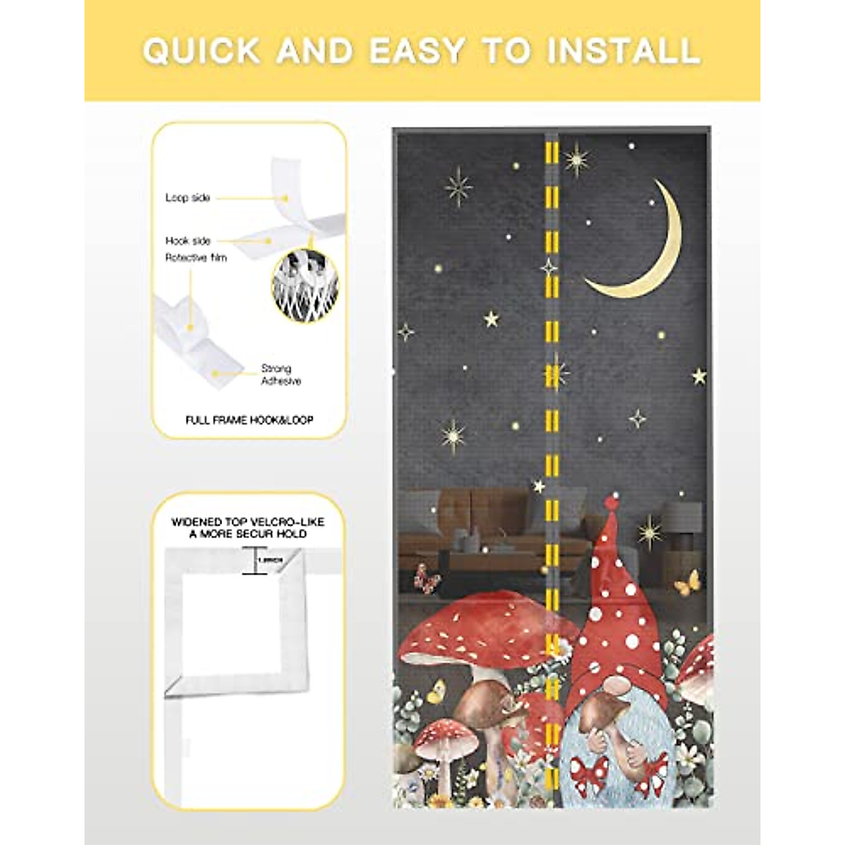 OComster Red Mushroom Black Magnetic Screen Door, Gnome Plant Flower Starry Sky Moon Hands Free Screen Mesh Size 38'' x 83'', Reinforce Heavy Duty Mesh Screen Doors for Patio/Front/Sliding Door