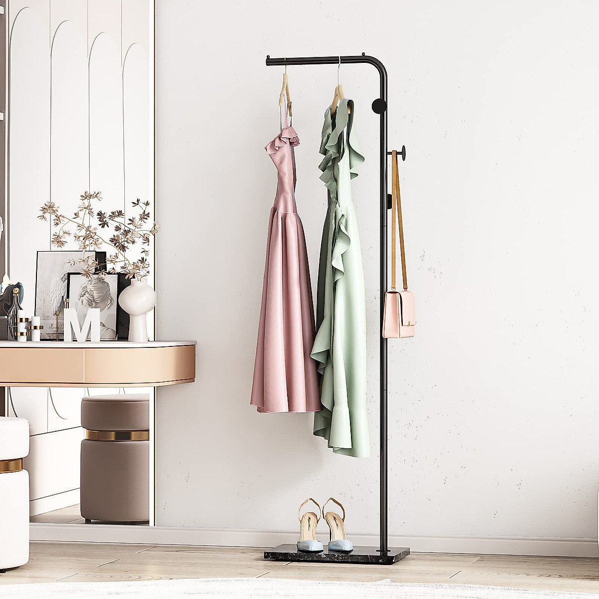 KADIGANG Gold Coat Rack Freestanding, Gold Clothes Rack with Natural Marble Base,Coat Tree with 3 Hooks, 68" Modern Coat Stand for Bedroom, Office, Hallway, Entryway, Living Room,Gold