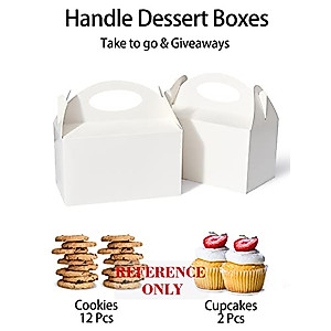 Happyhiram 50 Pcs Party Treat Boxes White, 6 Inch Candy Boxes Party Favors with Handle Paper Cookie Gift Bags Gable Boxes Snack Goodie Bags for Kids Birthday Baby Shower Wedding