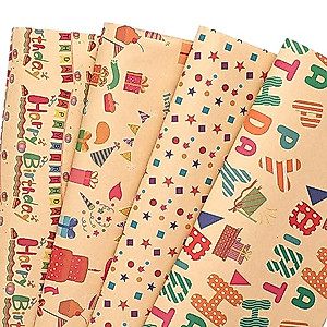 Ulmasinn Kraft Birthday Wrapping Paper Flat 8 Sheets for Kids Boys Girls, Brown Gift Wrap with Cakes, Gift Boxes, Stars, and Happy Birthday for Celebrate Birthday Party, 20 X 29 Inches Each
