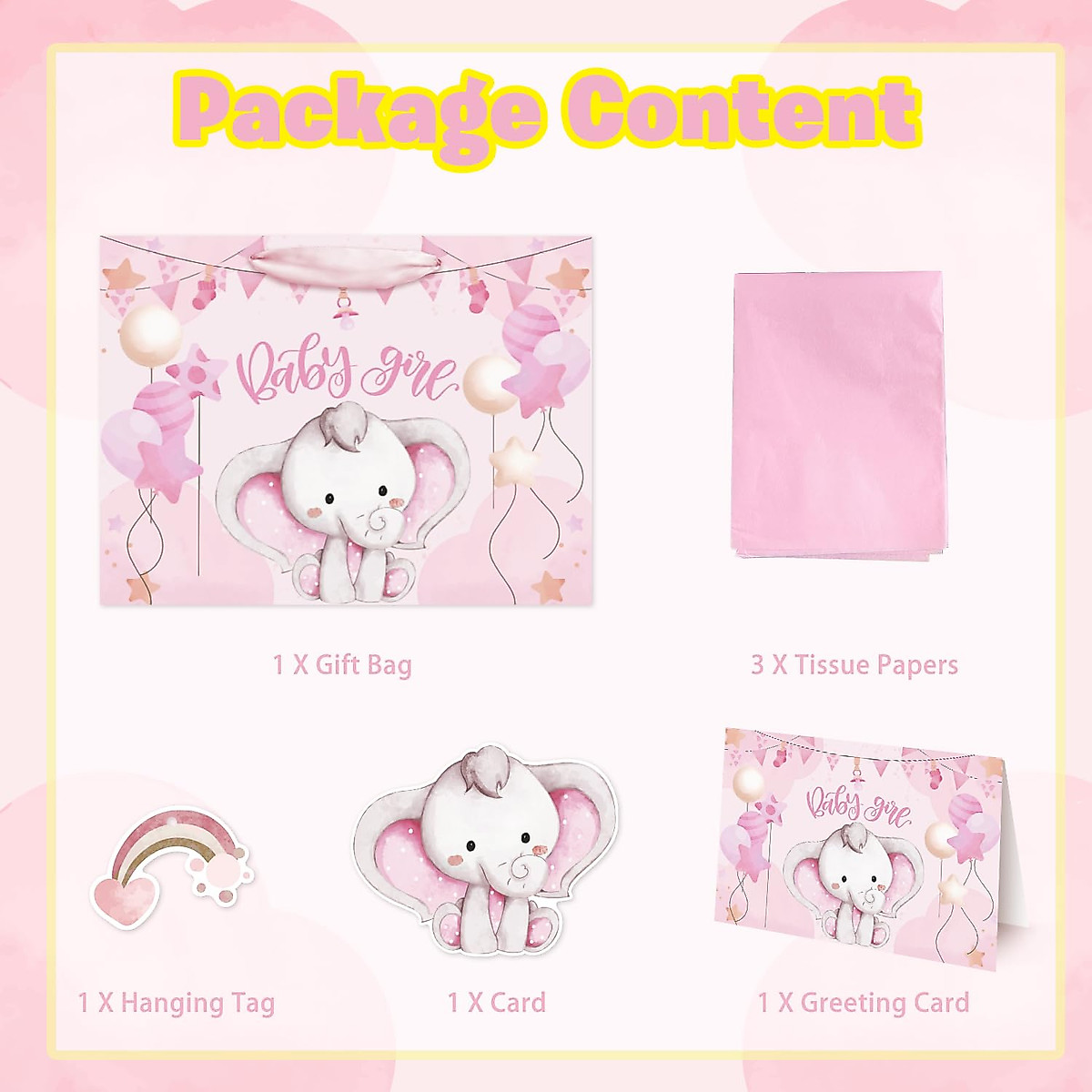 16" Large Baby Girl Gift Bag for Girl, 3D Making Pink Elephant Theme Baby Gift Bag with Tissue Paper and Greeting Card