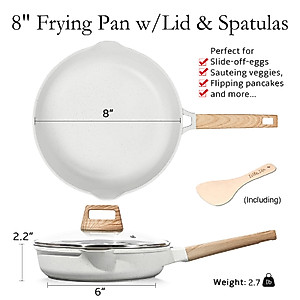 ESLITE LIFE Nonstick Frying Pan Skillet with Lid, Healthy Granite Coating Egg Omelette Pan Stone Cookware Chef's Pan, PFOA Free(Cream, 8" w/Lid & Spatulas)