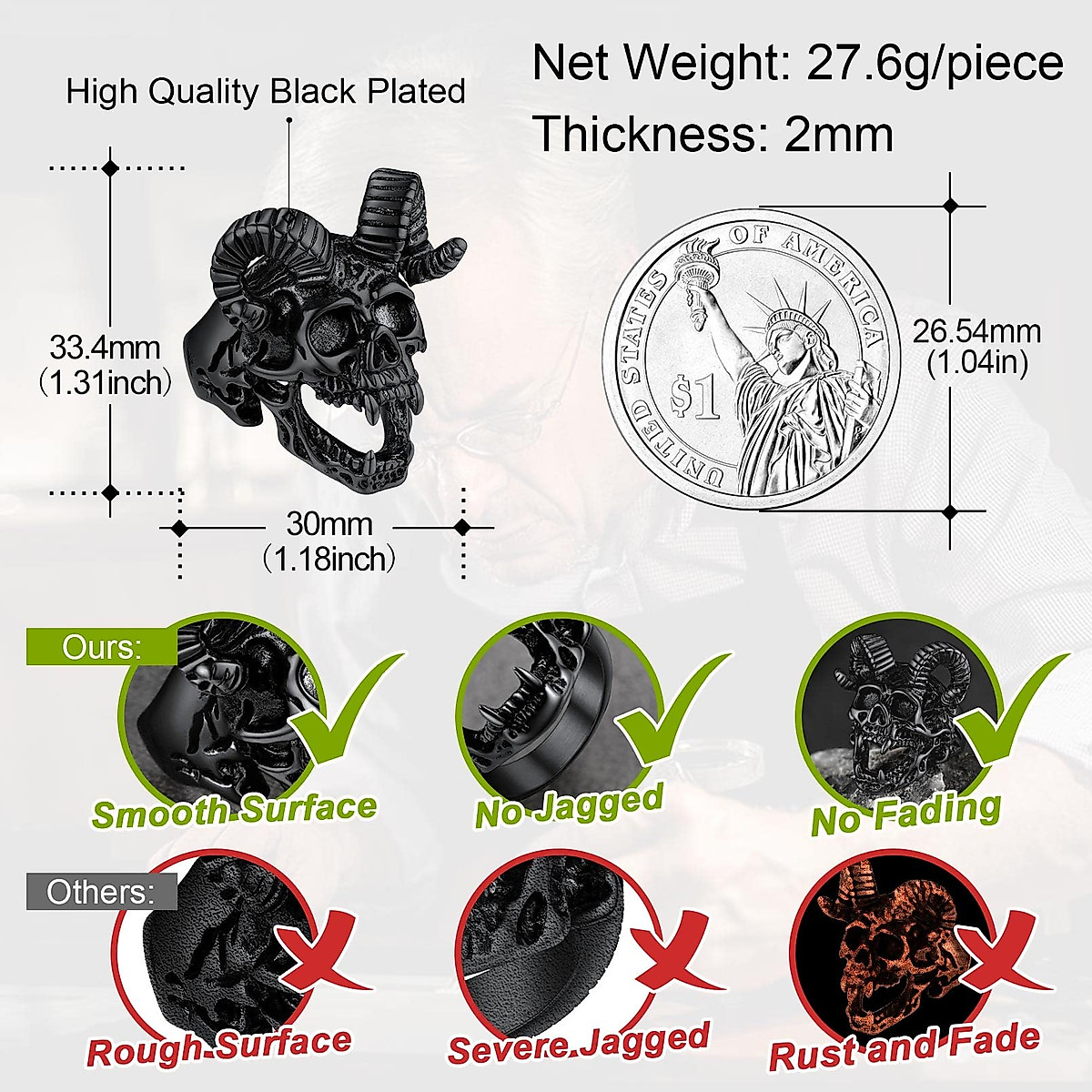 FaithHeart Rapper Biker Rings for Male Size 9 Stainless Steel Satan Church Jewelry Baphomet Goat Head Pinky Finger Charms