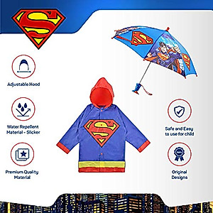 DC Comics Kids Umbrella and Poncho Raincoat Set, Batman & Superman Boys Rain Wear for Toddler 2-3 or Kids 4-7