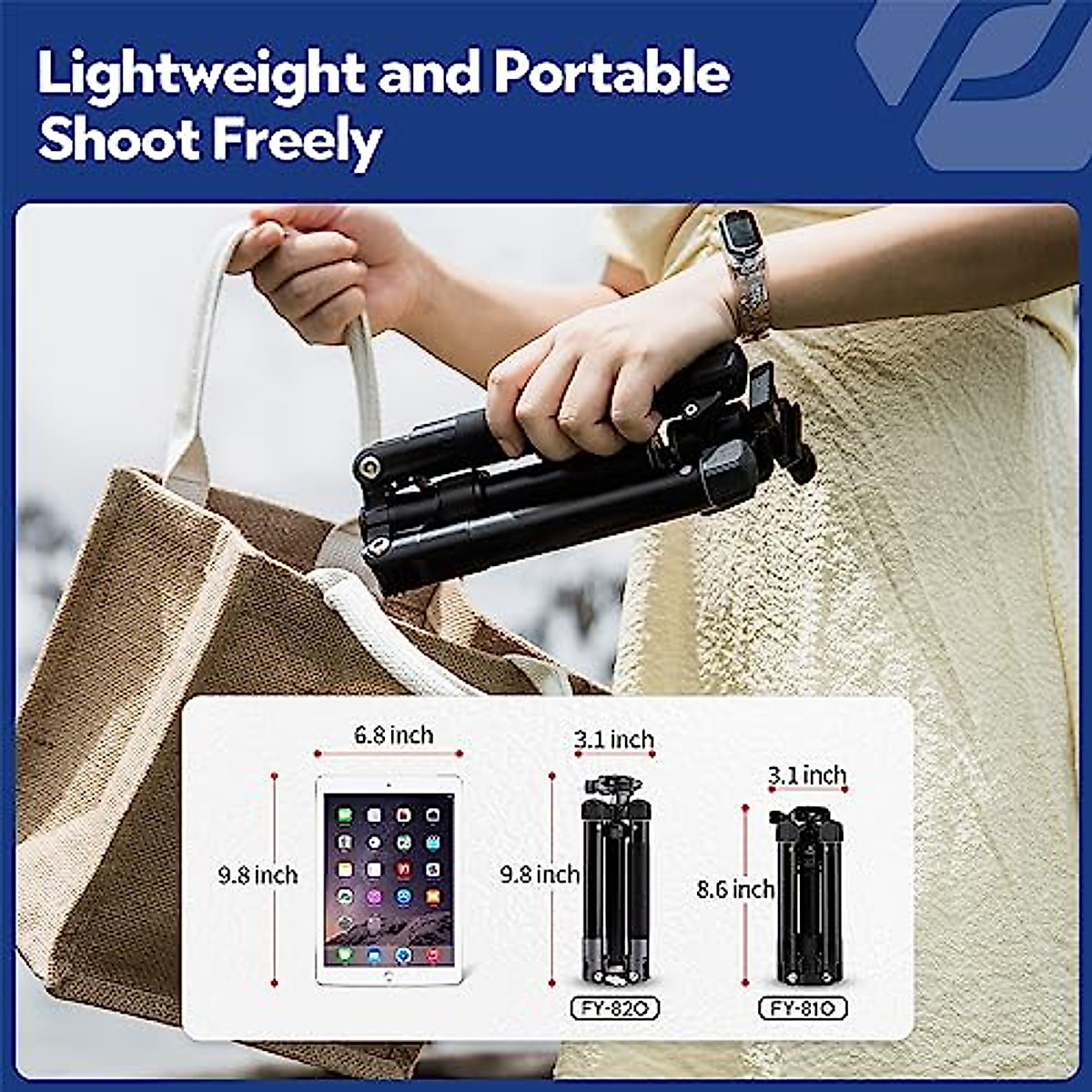 Fotopro Mini Tripod, 55" Lightweight Compact Travel Tripod with Ball Head Phone Mount Detachable Selfie Stick, Aluminum Camera Phone Tripod Max Load up to 8.8 lbs, FY810 Black