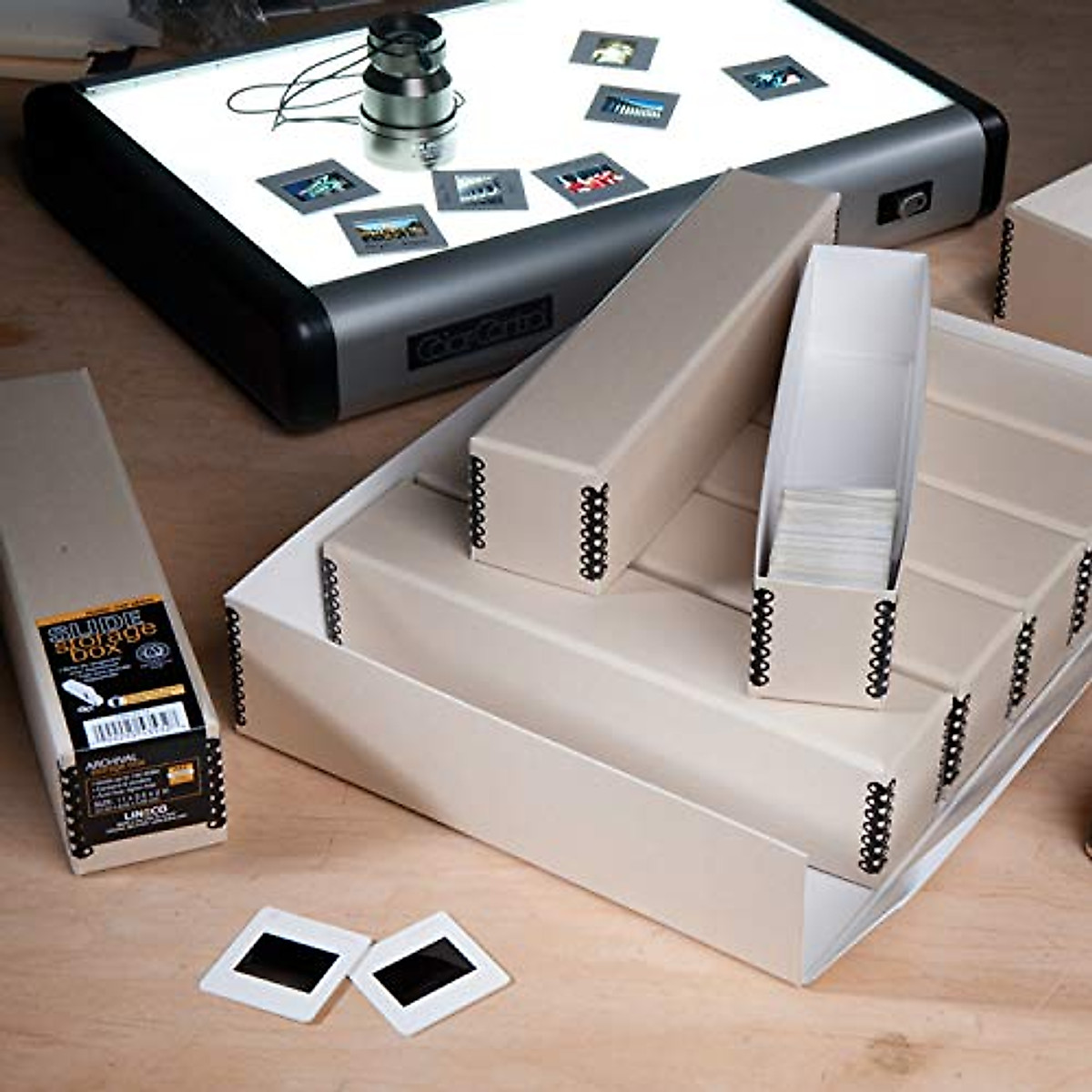 Lineco, Archival Slide Storage Box 15.5" x 11.5" x 3", Holds Up to 840 Slides, With 6 Inner Slide File Cases, Tan