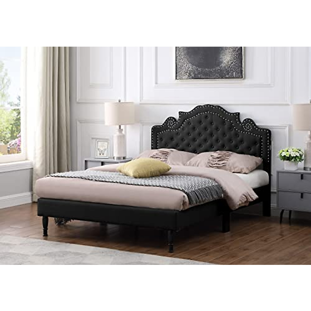 Full Upholstered Platform Bed Frame with 47" Tall Adjustable Headboard - Button Tufted Linen Bed - Wood Slat Support with Storage Space - No Box Spring Needed - Black - Oliver & Smith - Elizabeth